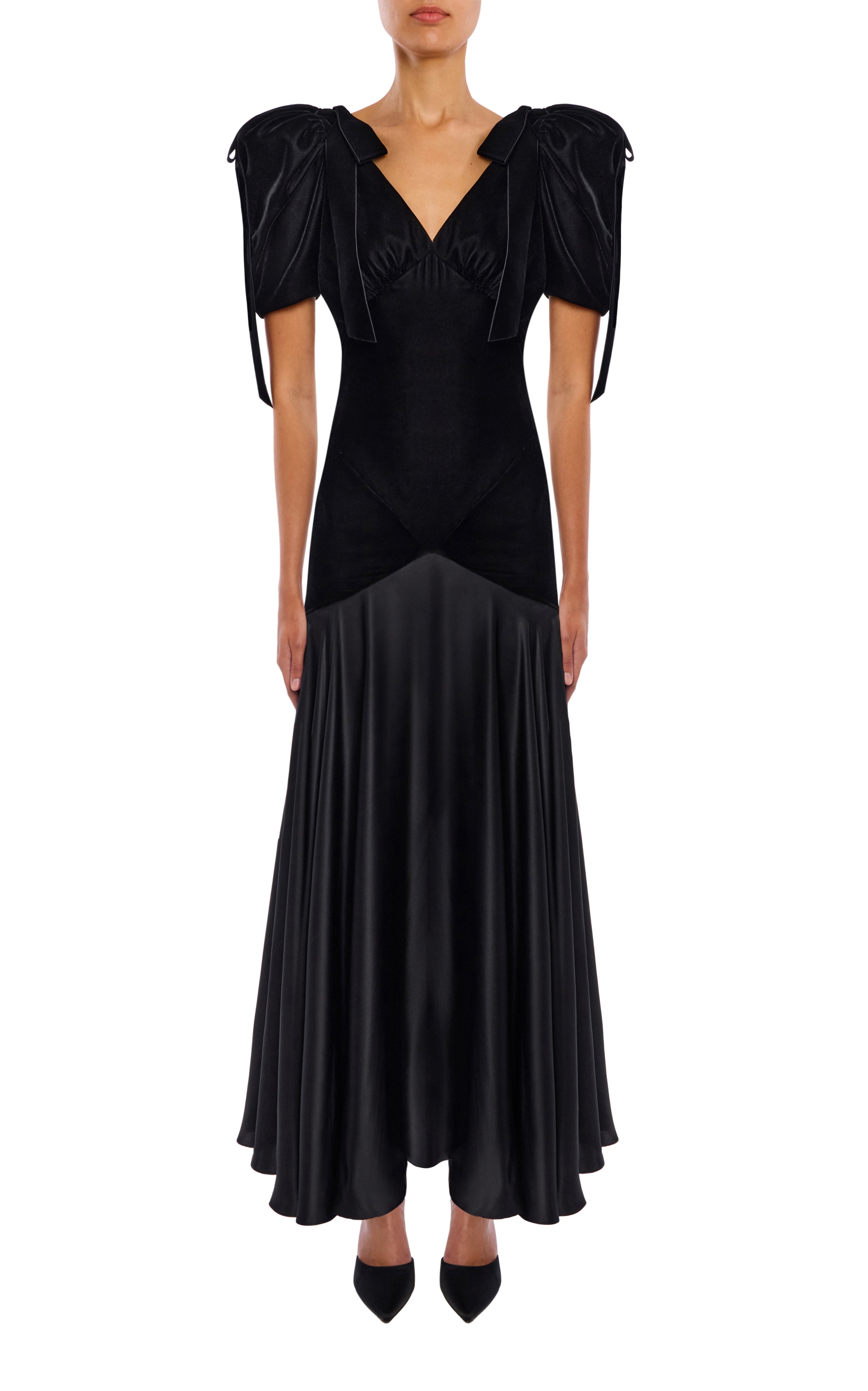 Black Velvet and Silk Charmeuse Bias Dress With Velvet Bow Details ...